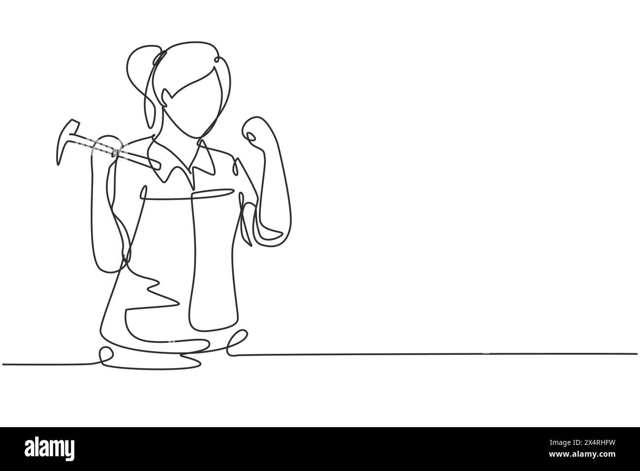 Single continuous line drawing female carpenter with celebrate gesture ...