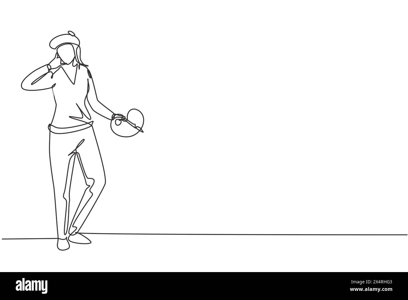 Continuous one line drawing female painter stands with call me gesture ...