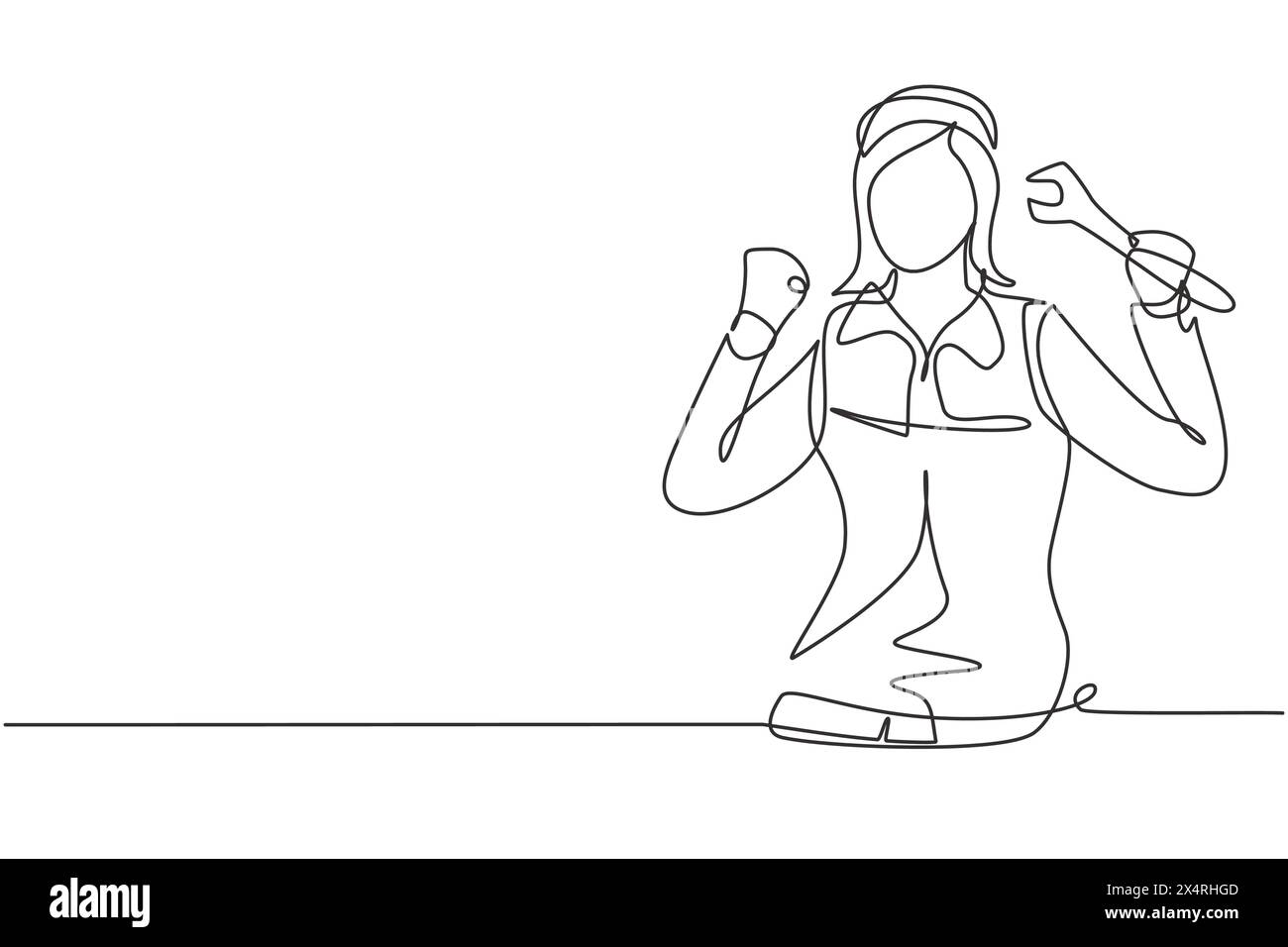 Continuous one line drawing female mechanic with celebrate gesture and ...