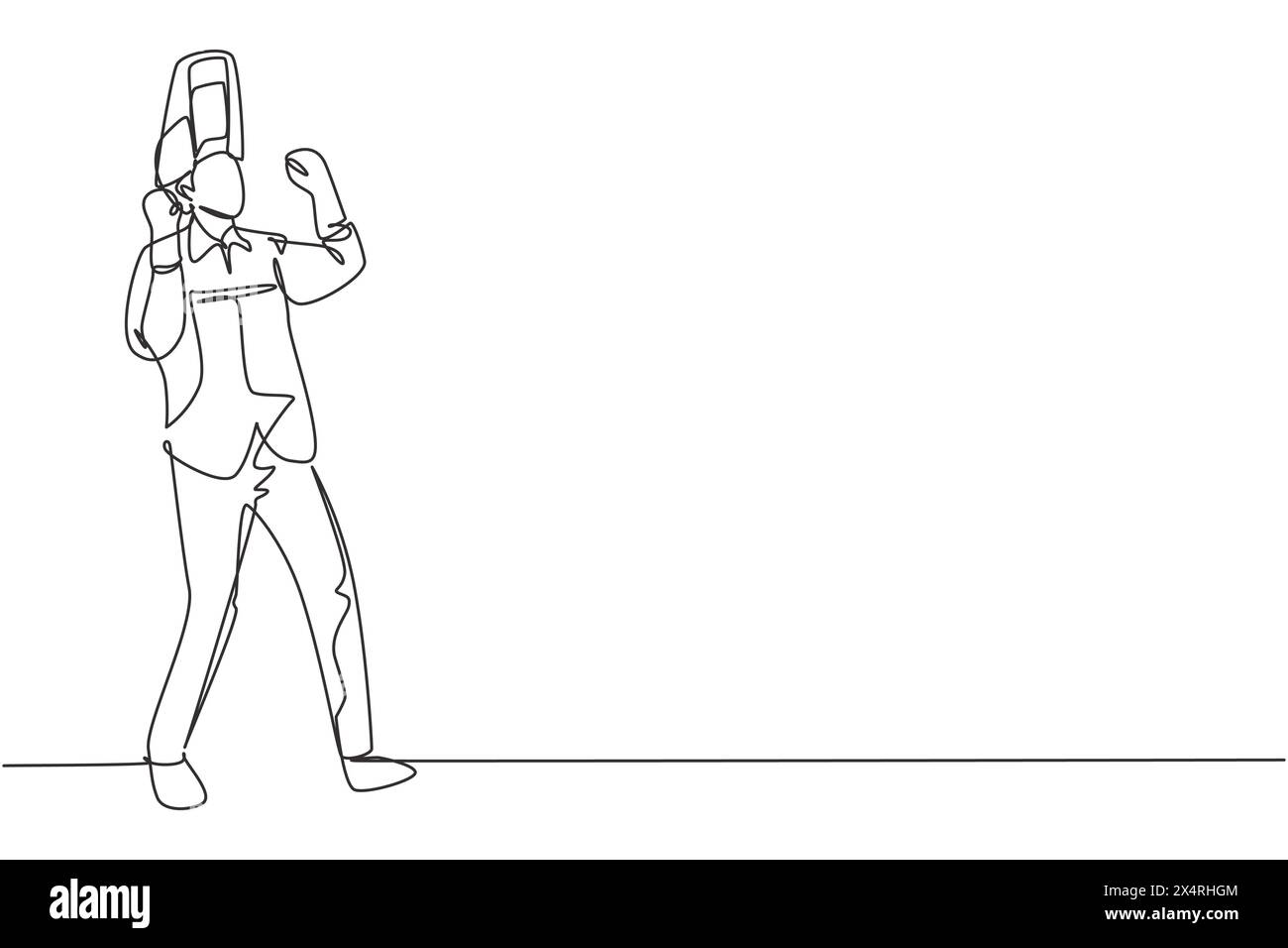 Continuous one line drawing welder stands with celebrate gesture and ...