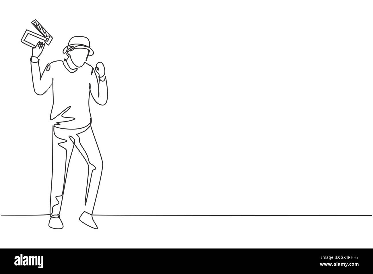 Single continuous line drawing film director stands with celebrate ...