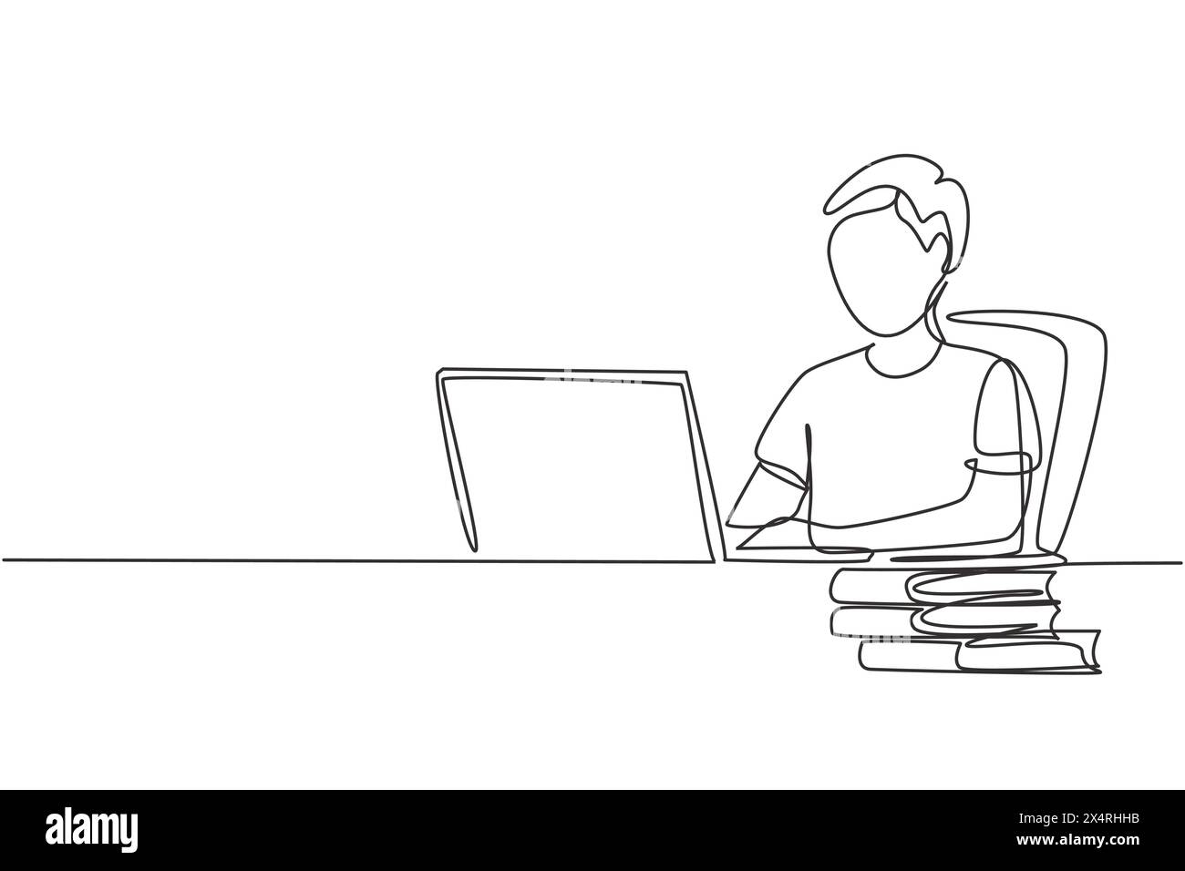 Single one line drawing young man studying with laptop and pile of ...