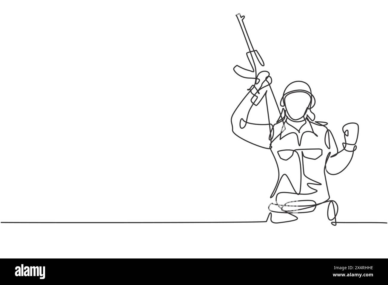 Single continuous line drawing female soldier with celebrate gesture ...