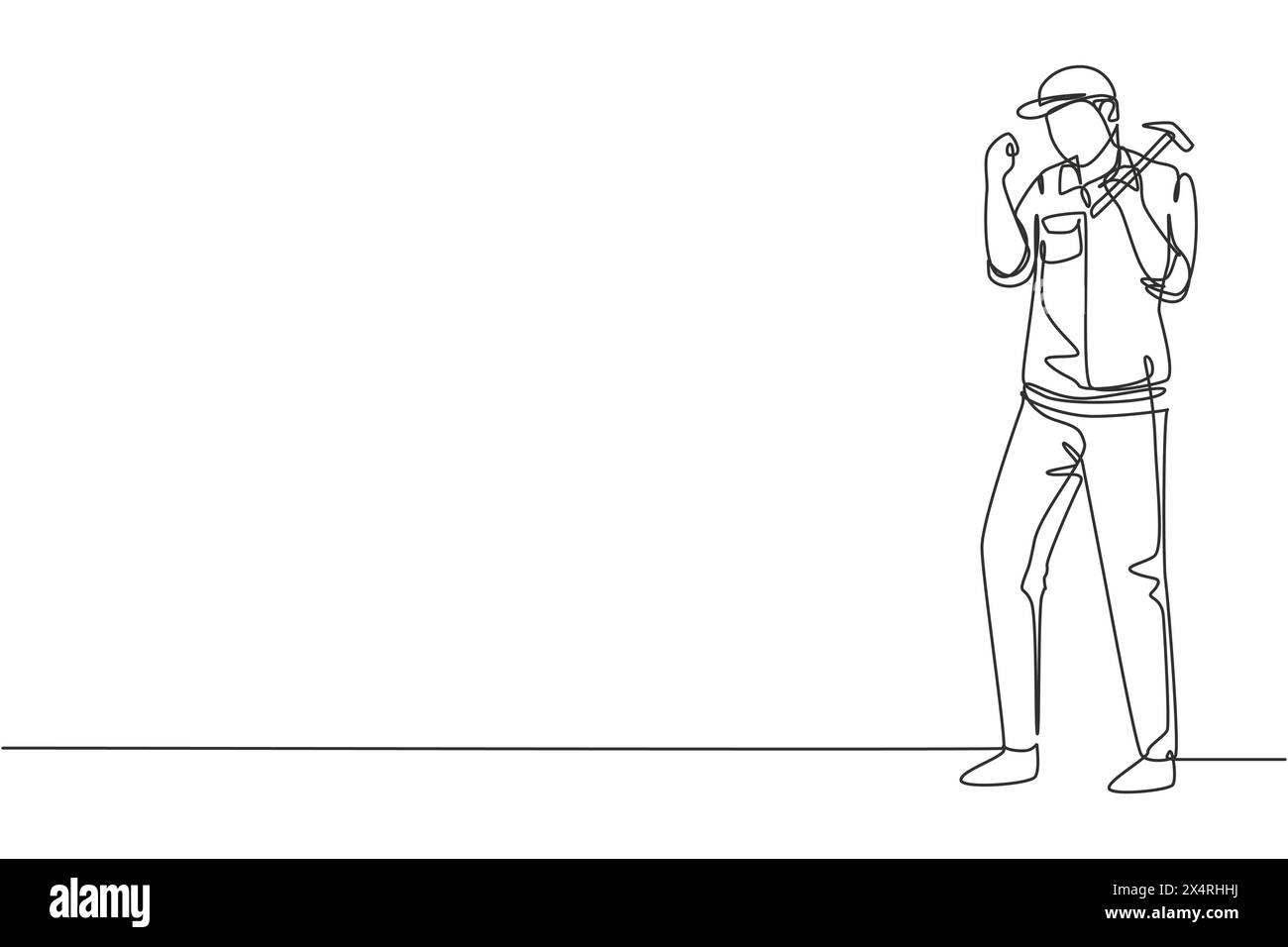 Single one line drawing carpenter standing with celebrate gesture works ...