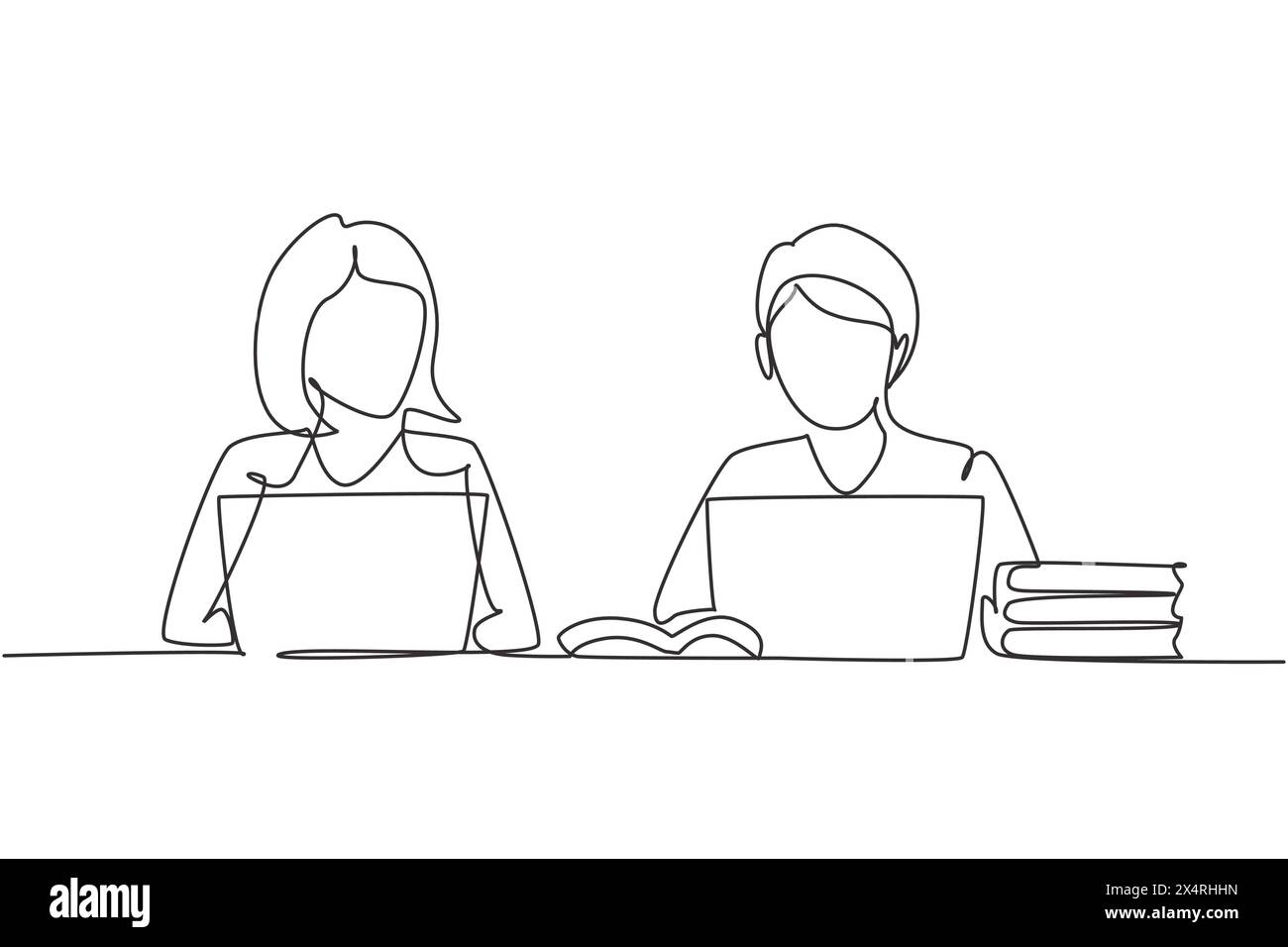 Continuous one line drawing two young woman studying with laptop and ...