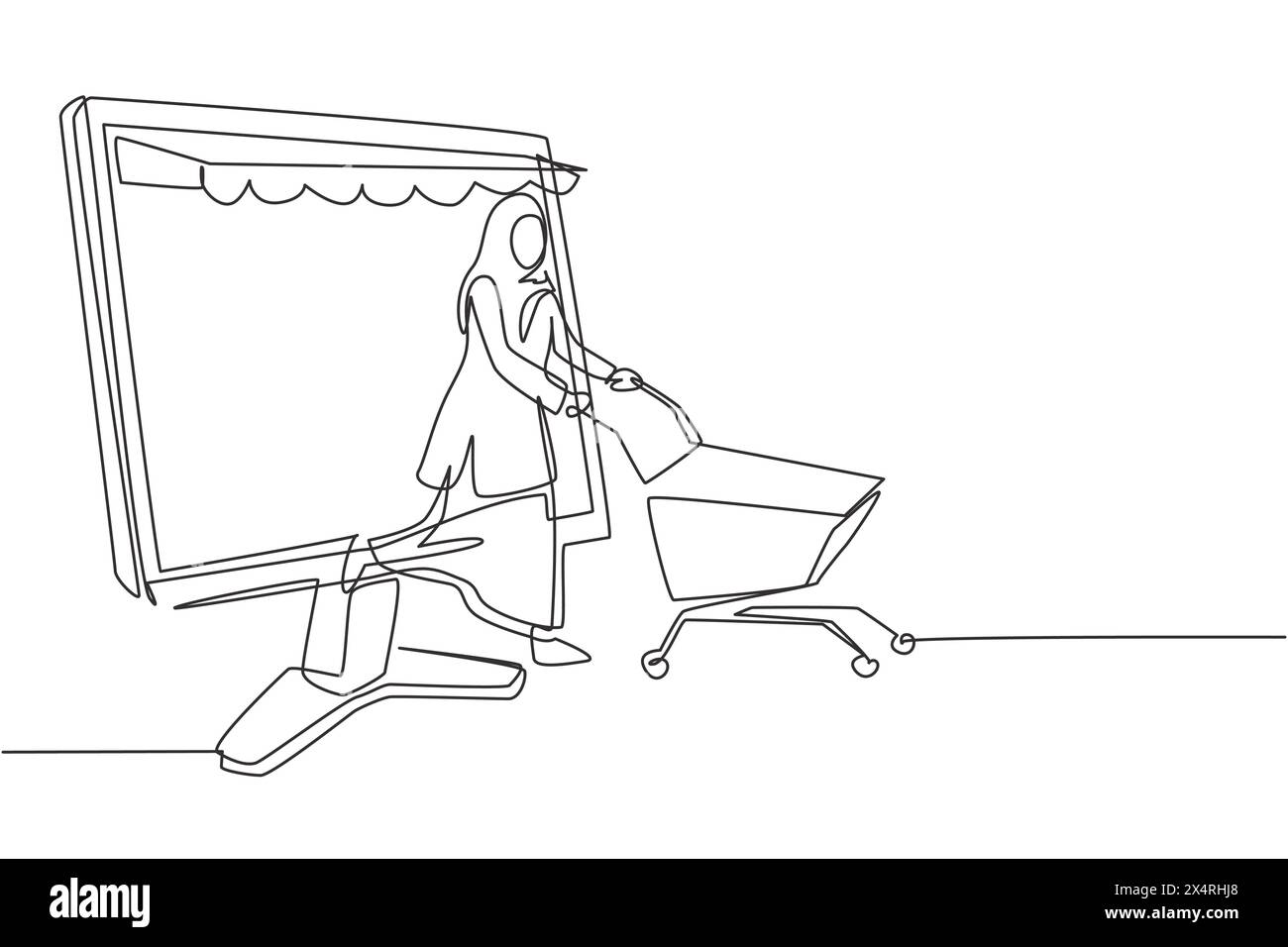 Single continuous line drawing Arab woman coming out of canopy monitor ...