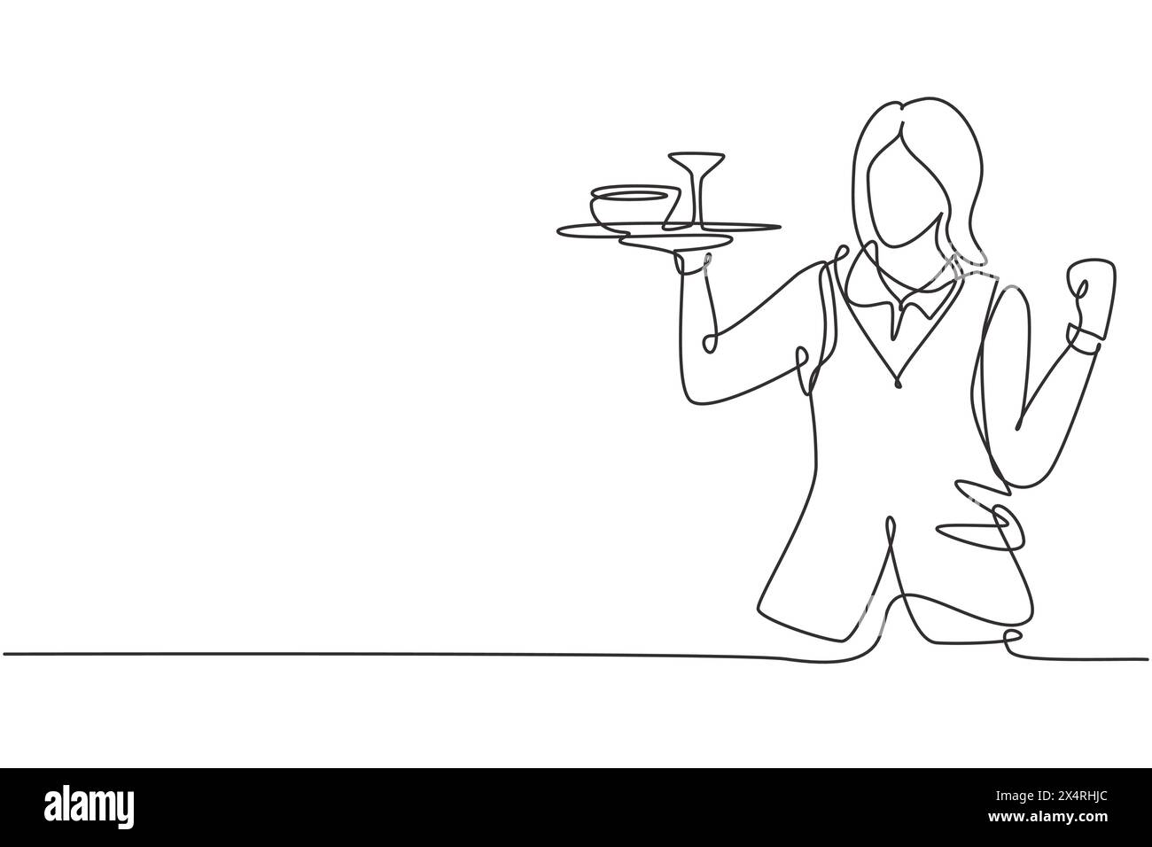 Single continuous line drawing waitress with celebrate gesture and ...