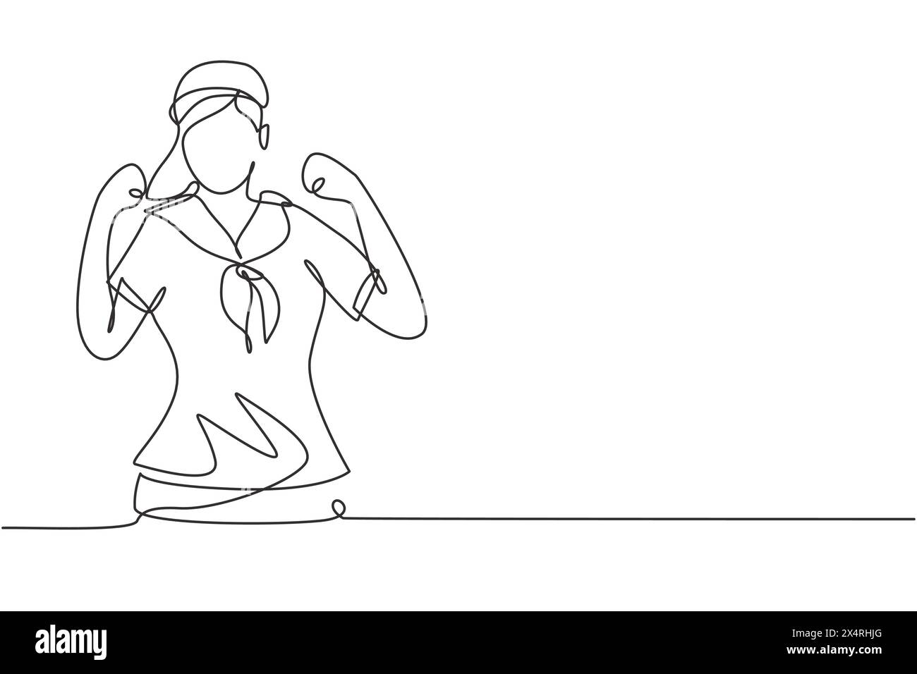 Single continuous line drawing sailor woman with celebrate gesture and ...
