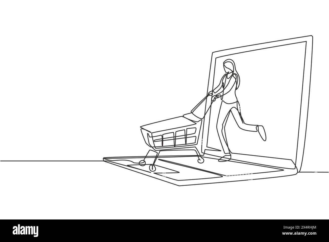 Continuous one line drawing young woman coming out of laptop screen ...