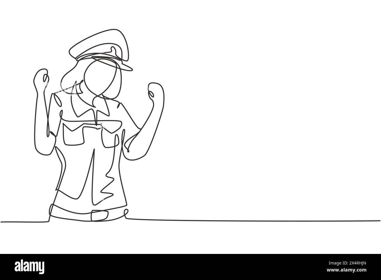 Continuous one line drawing policewoman with celebrate gesture and full ...