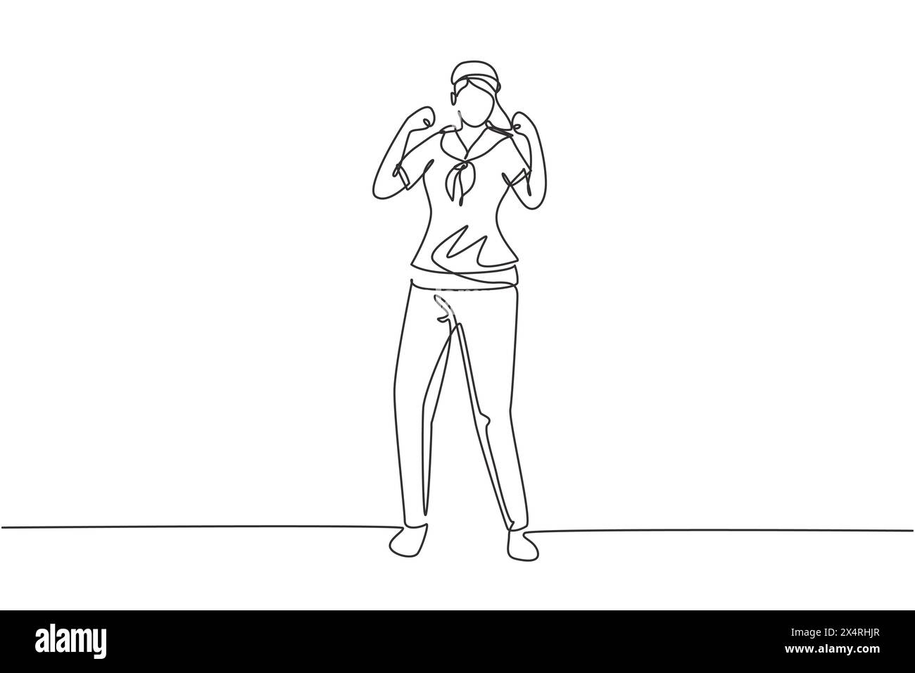 Single one line drawing sailor woman stands with celebrate gesture and ...