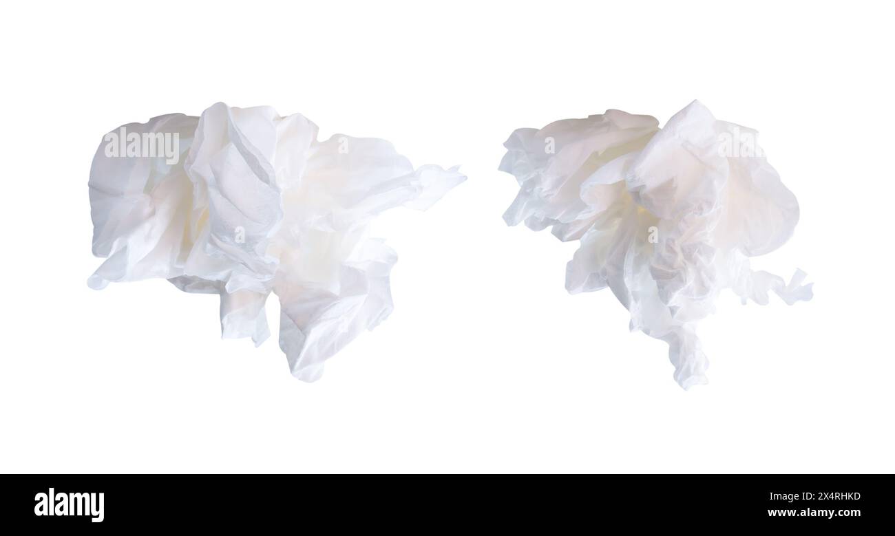 Top view set of screwed or crumpled tissue paper balls after use in ...