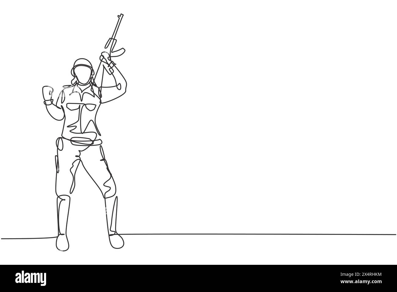Single one line drawing female soldier stands with celebrate gesture ...