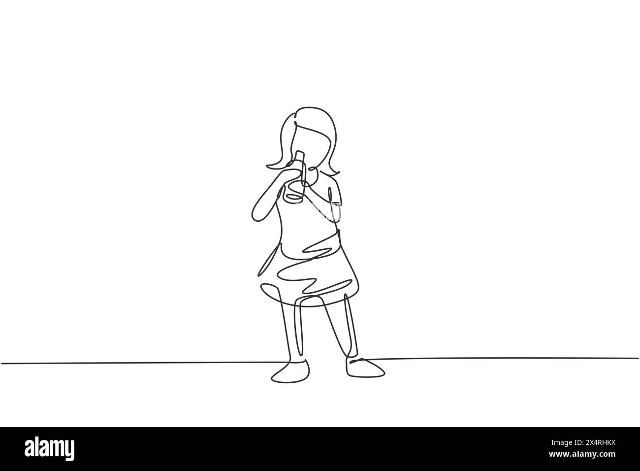 Continuous one line drawing girl standing while drinking milk in a ...
