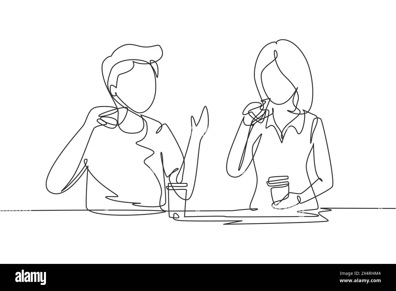 Continuous one line drawing young couple having hamburger meal around ...