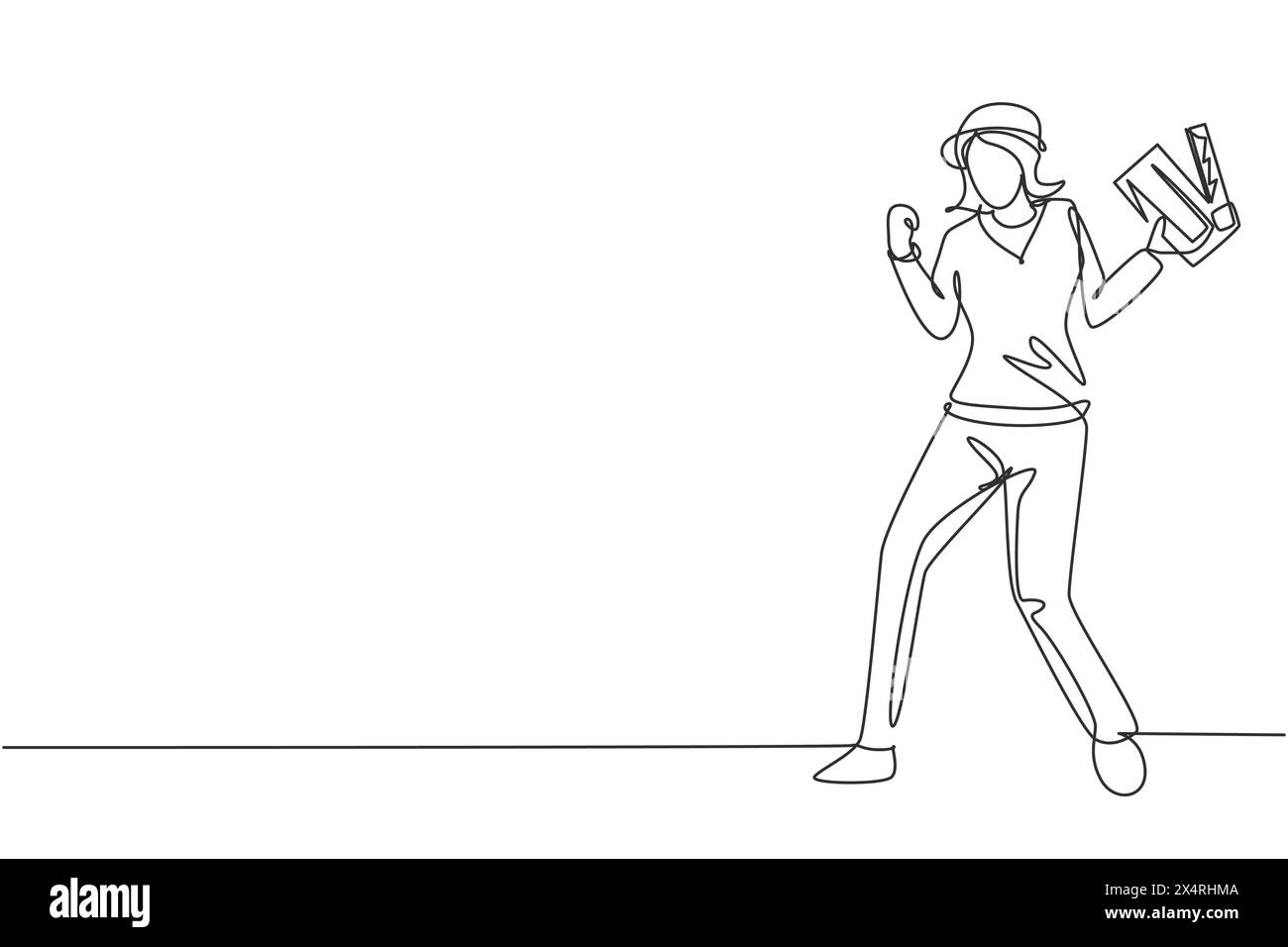 Single one line drawing female film director stands with celebrate ...