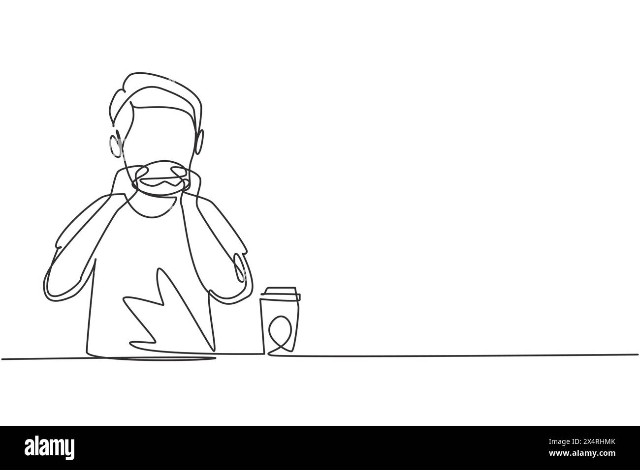 Single one line drawing young boy having hamburger meal with hands ...