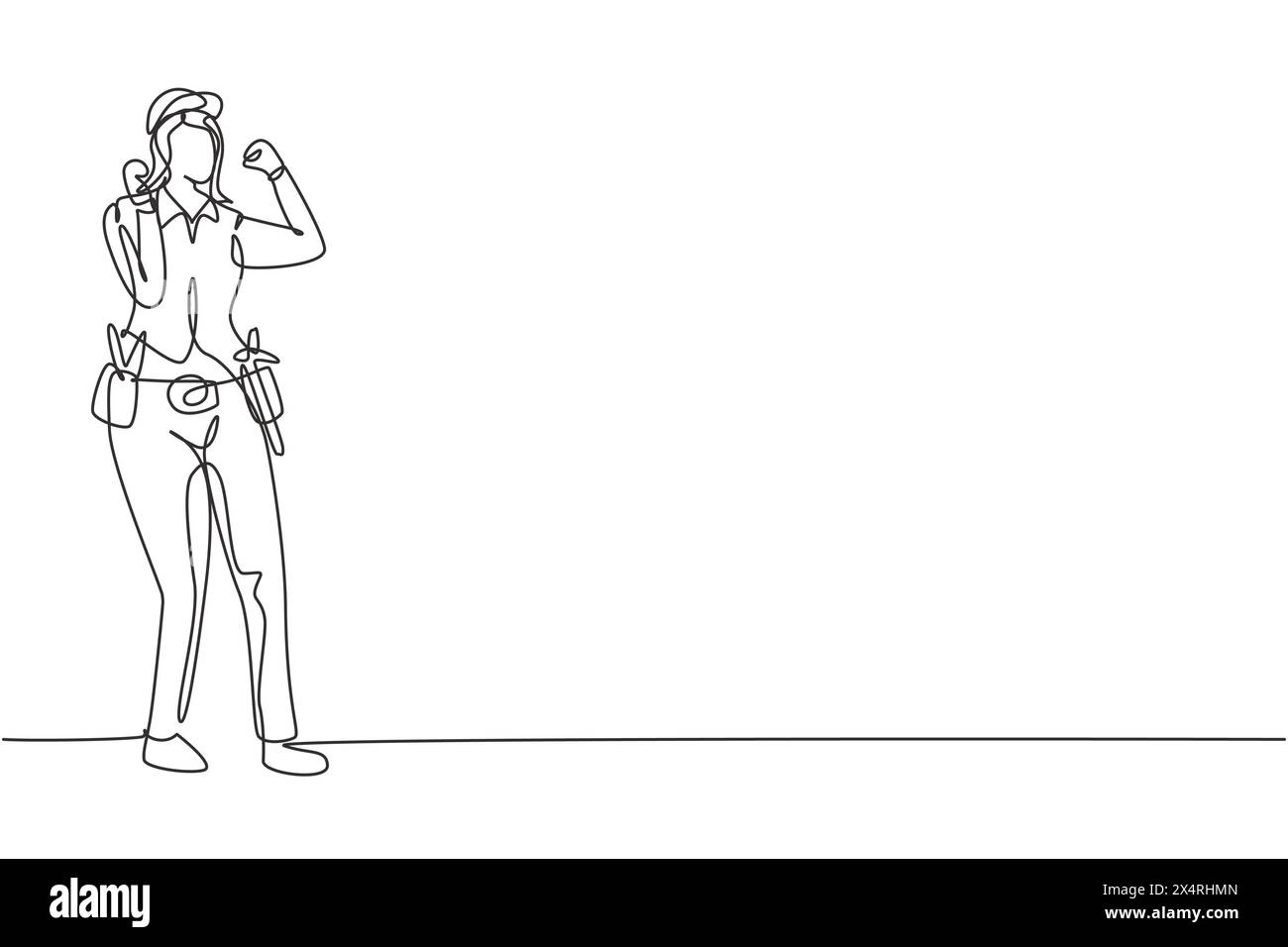 Single continuous line drawing handywoman stands with celebrate gesture ...