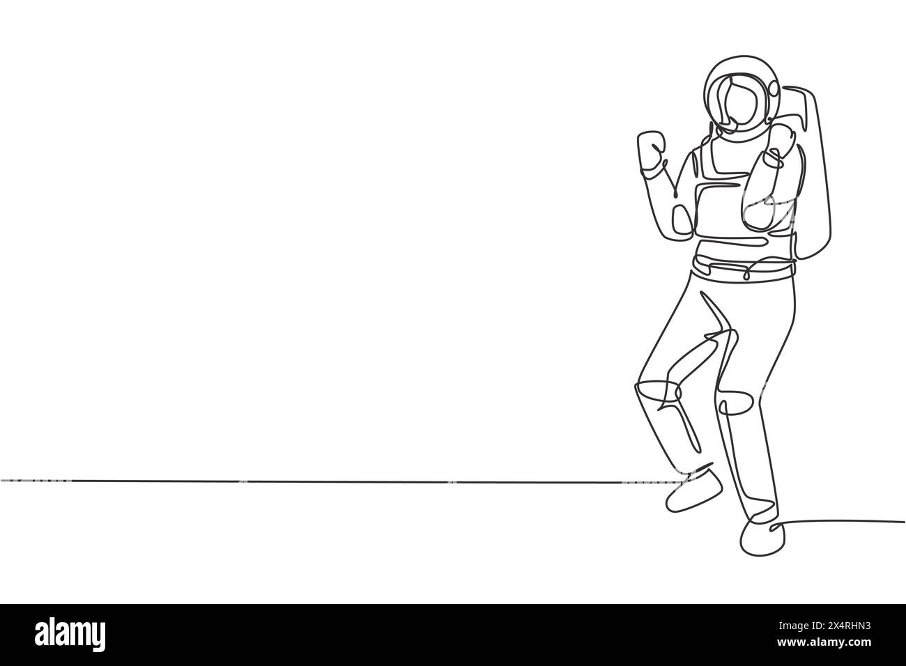 Single one line drawing female astronaut stands with celebrate gesture ...
