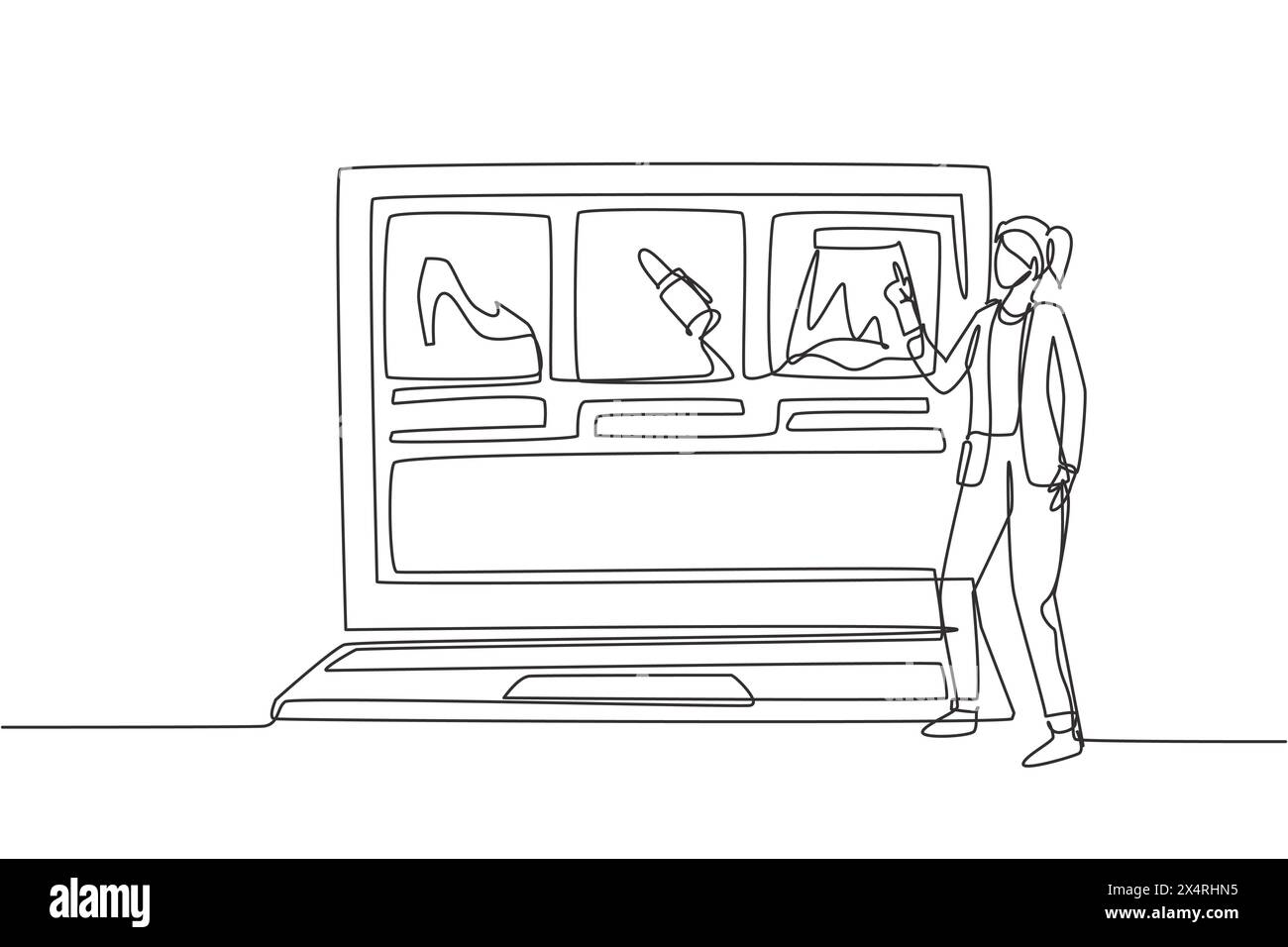 Continuous one line drawing young woman choosing shopping items on a ...