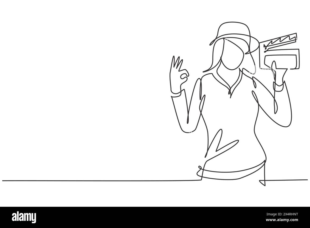 Single one line drawing female film director with gesture okay holding ...