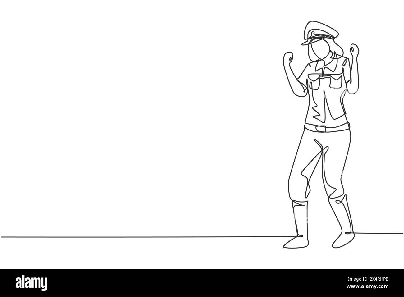 Continuous one line drawing policewoman standing with celebrate gesture ...