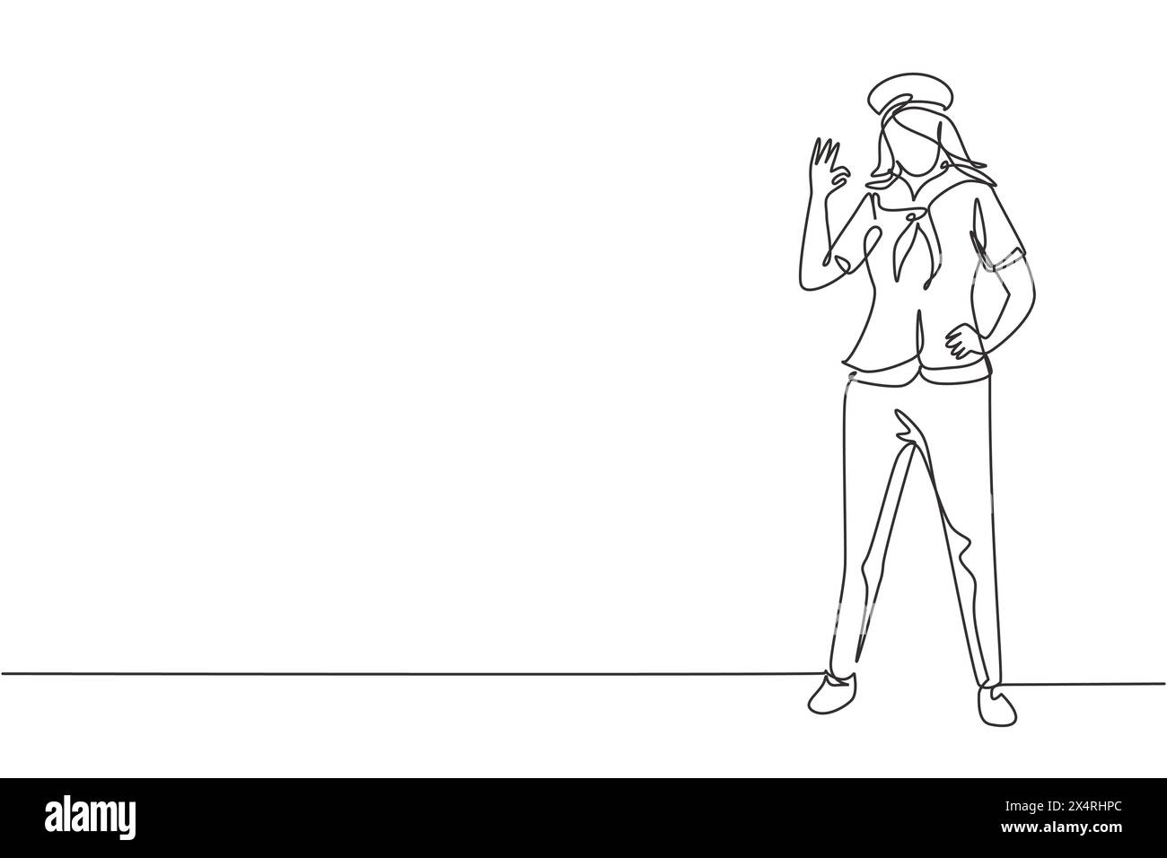 Continuous one line drawing sailor woman stands with gesture okay and ...