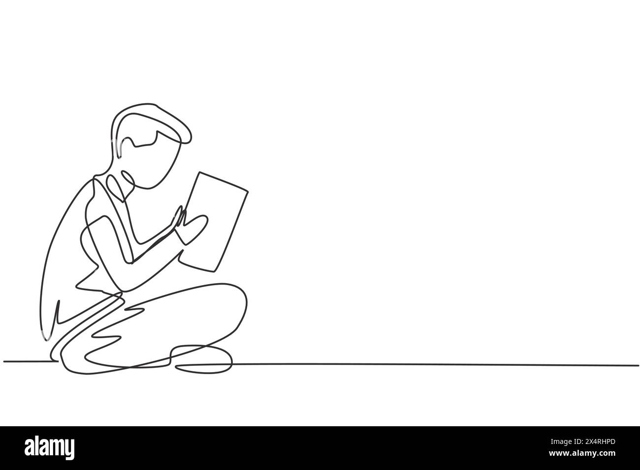 Continuous one line drawing young male reading, learning and sitting on ...