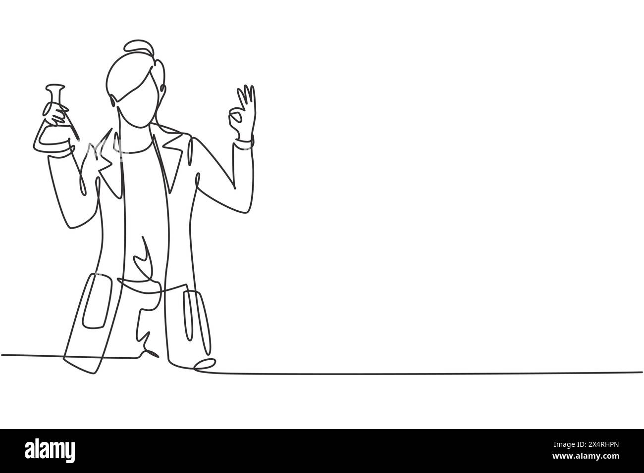 Single continuous line drawing female scientist with gesture okay and ...