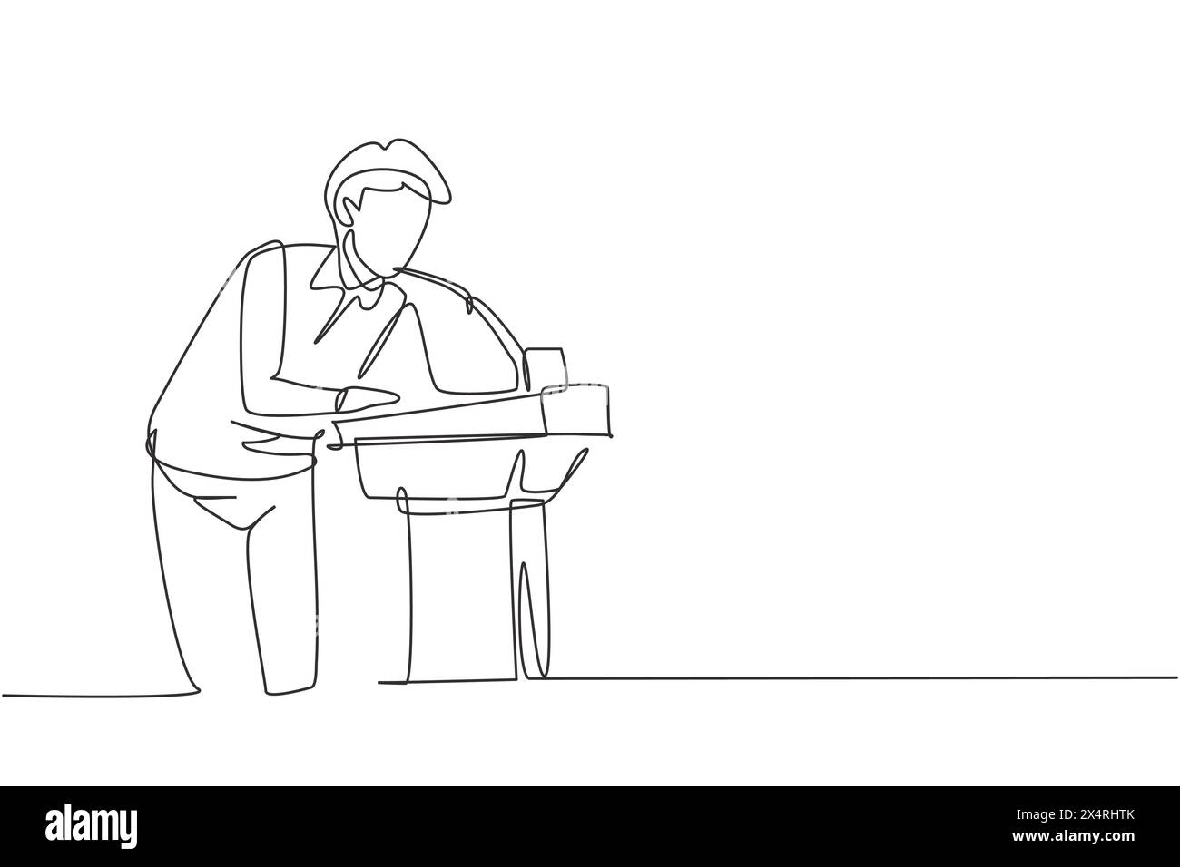 Continuous one line drawing a young man who is thirsty drinking at ...