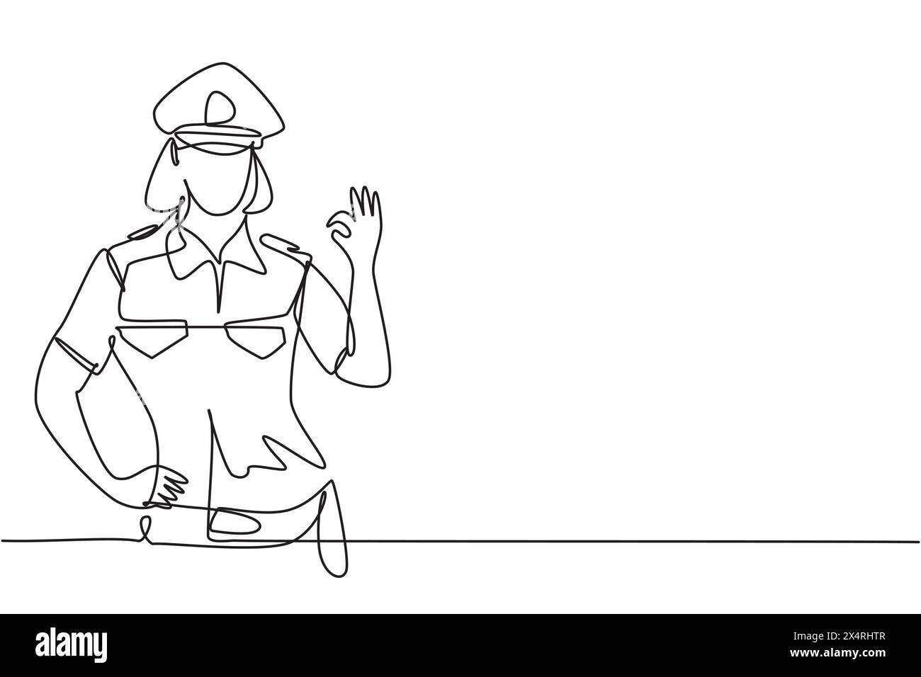 Single continuous line drawing policewoman with gesture okay and full ...