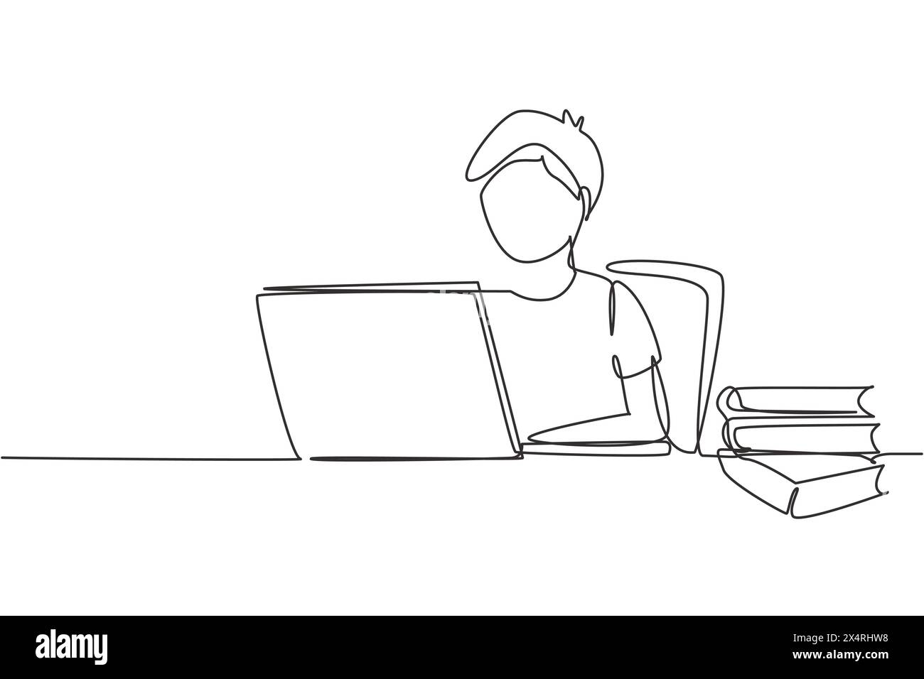 Single continuous line drawing girl studying with laptop and pile of ...
