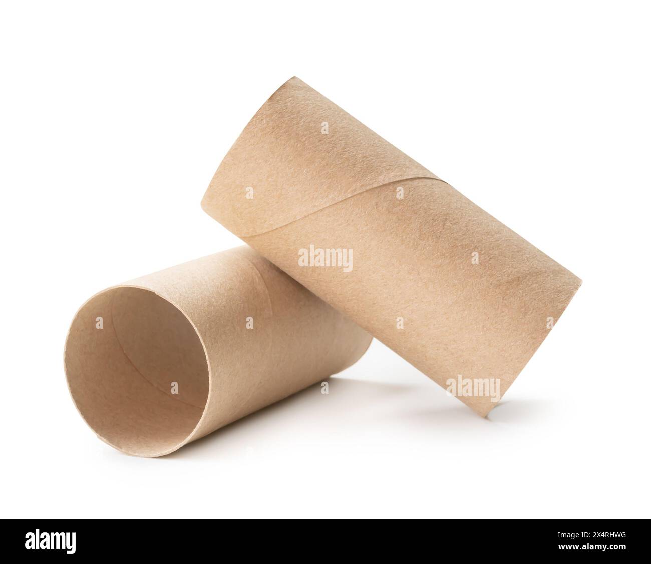 Side view of brown tissue paper cores in stack is isolated on white ...