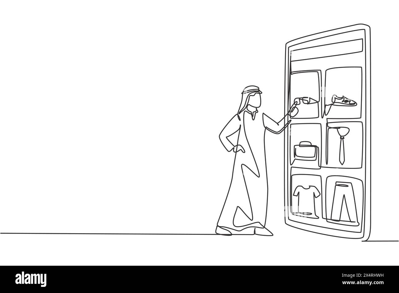 Single continuous line drawing young Arabian man choosing shopping ...