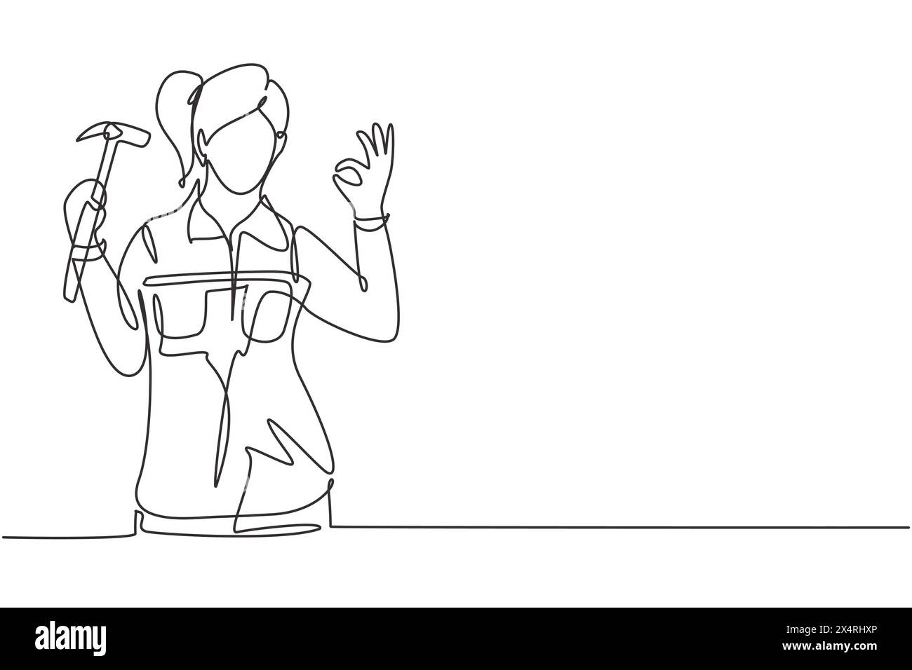 Single one line drawing female carpenter with gesture okay works in his ...