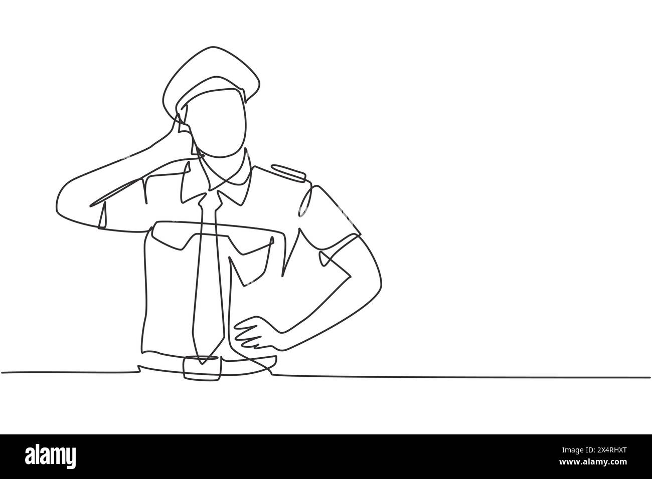 Continuous one line drawing pilot with call me gesture and full uniform ...