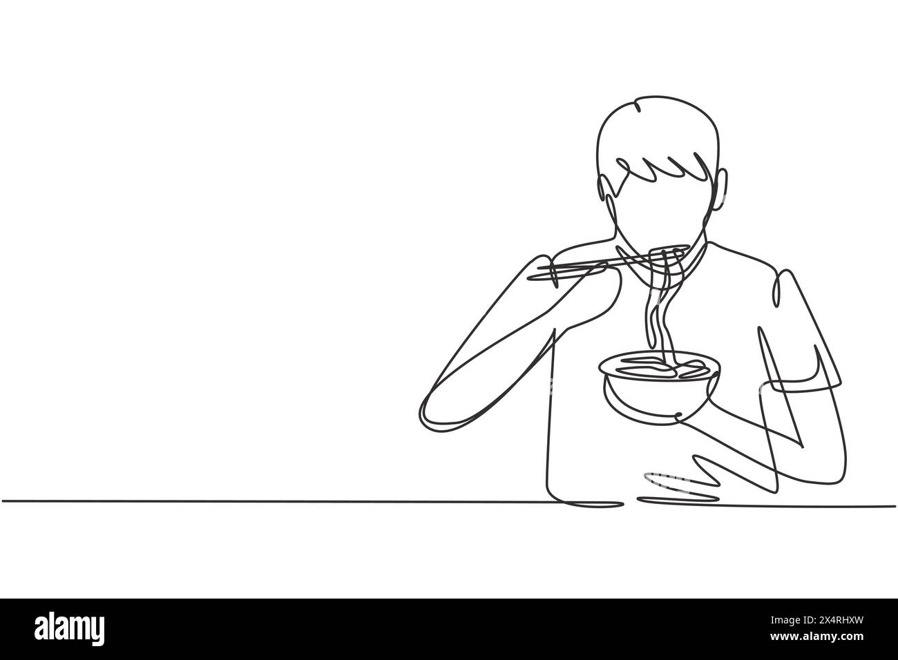 Single continuous line drawing young man having noodles meal with ...
