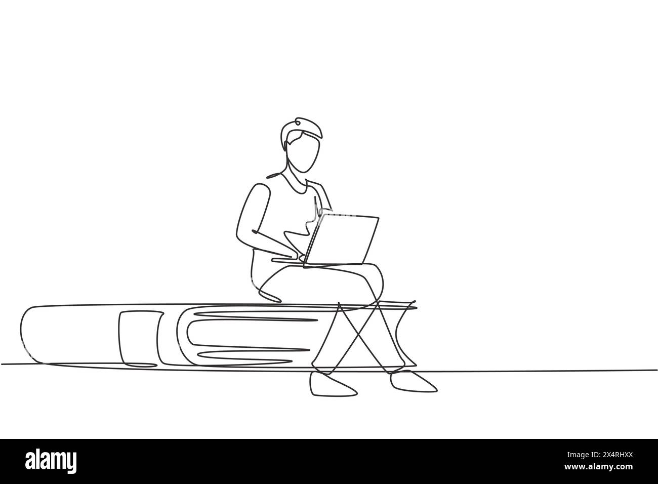 Single continuous line drawing young man studying with laptop and ...