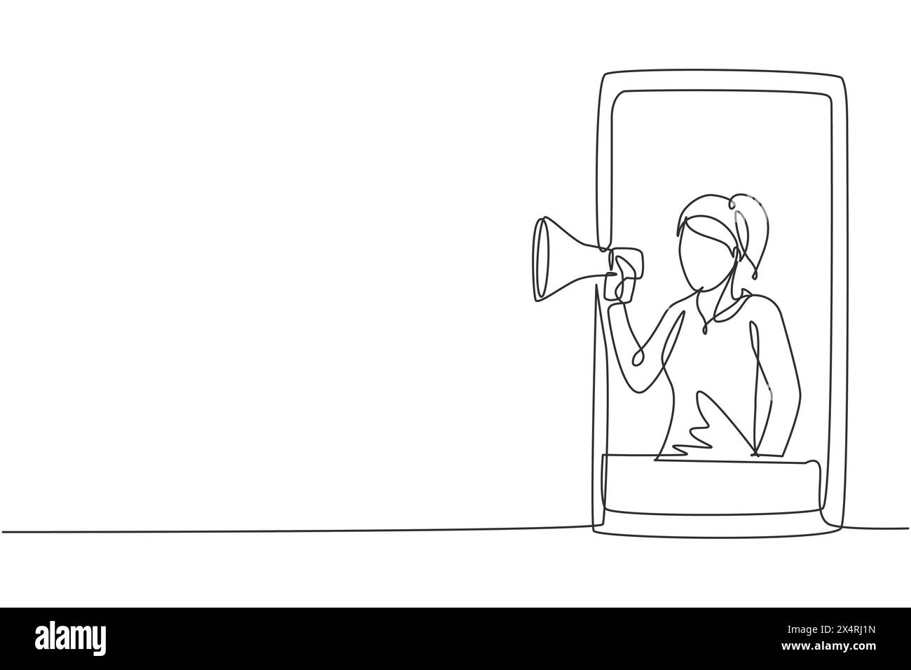 Continuous one line drawing young woman coming out of smartphone screen ...