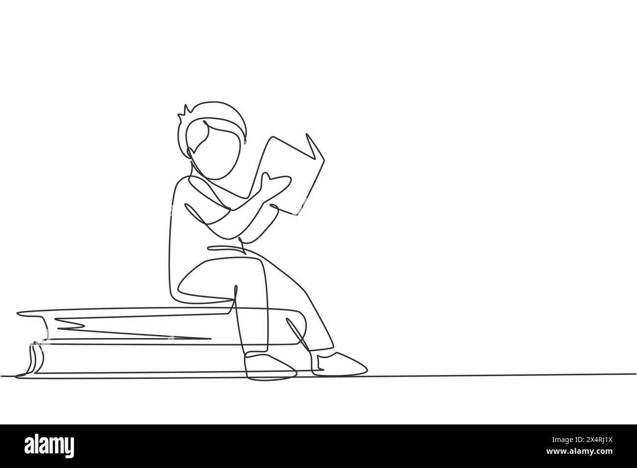 Single one line drawing little boy reading, learning and sitting on big ...