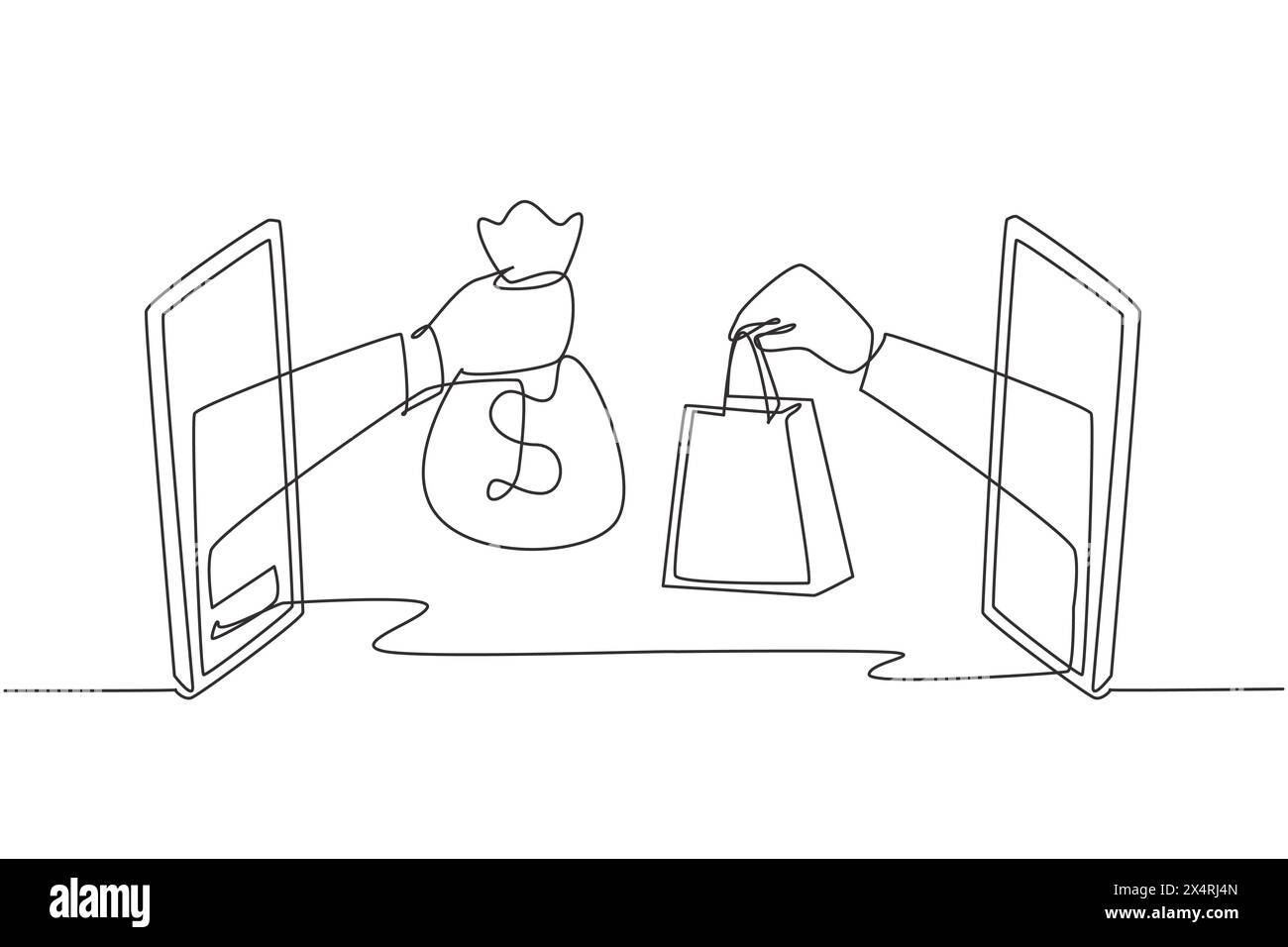 Single continuous line drawing two hands out of the smartphone screen ...