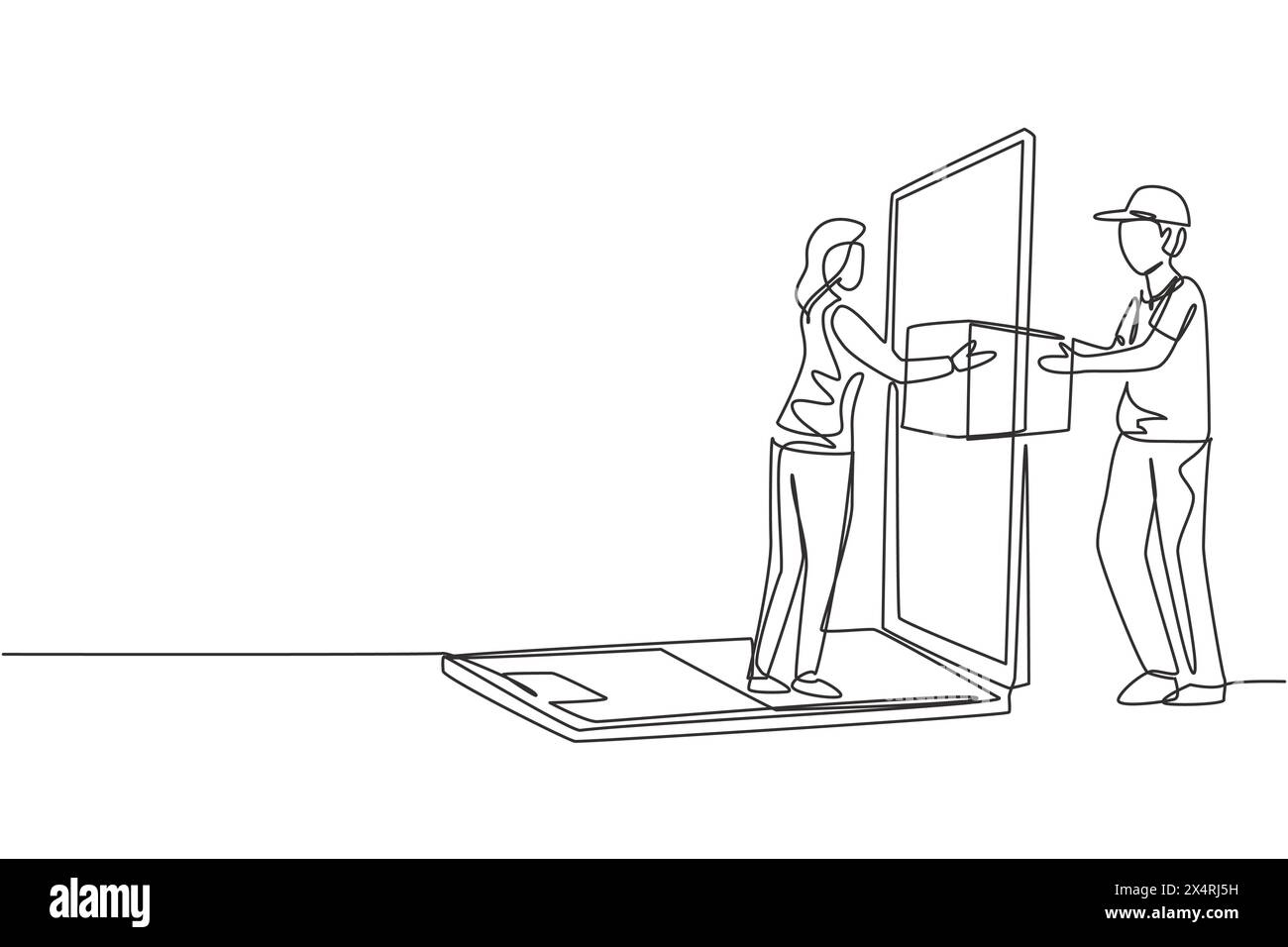 Single continuous line drawing male courier delivers box package ...