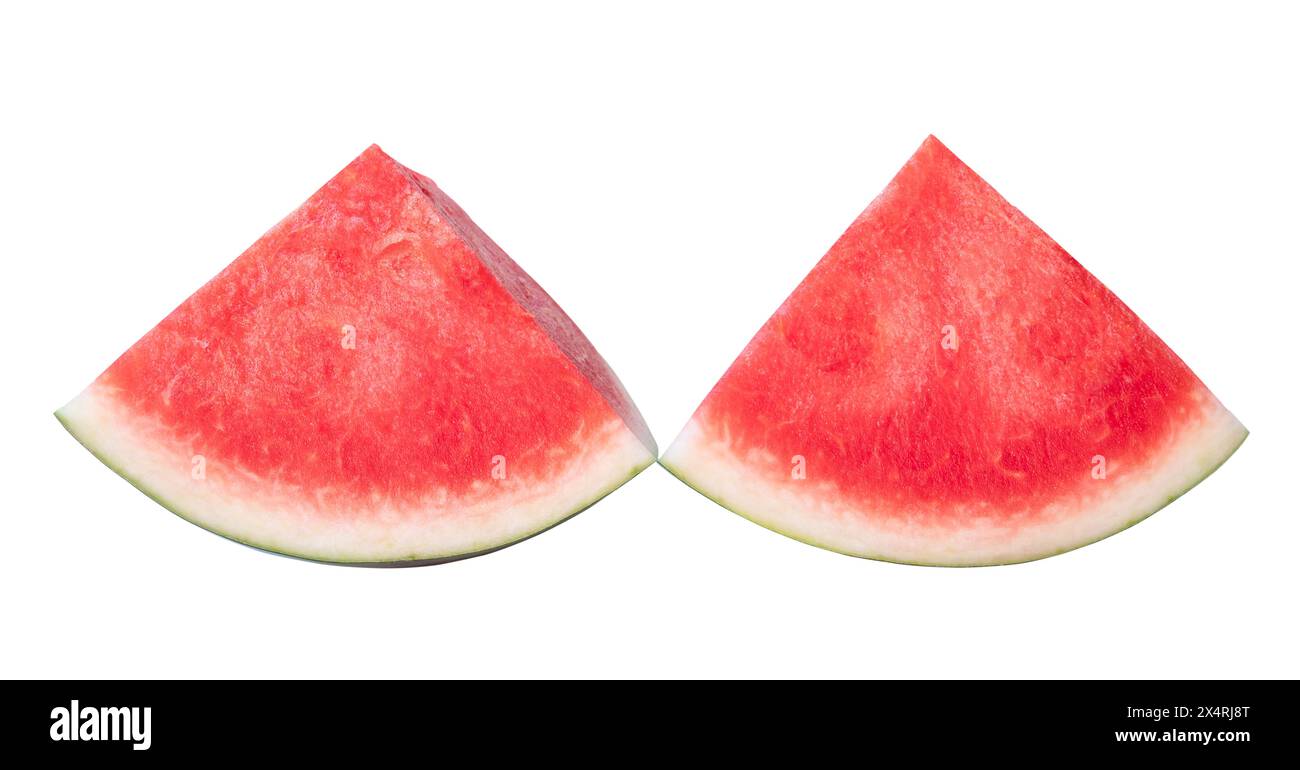 Front view of red watermelon slices or pieces is isolated on white ...