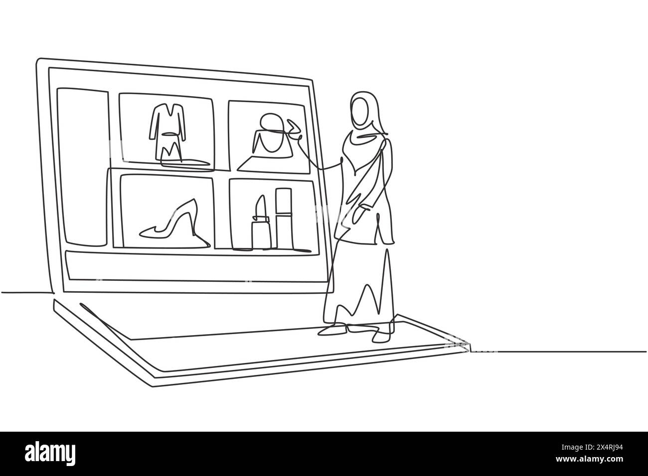 Single continuous line drawing young Arabian woman choosing shopping ...