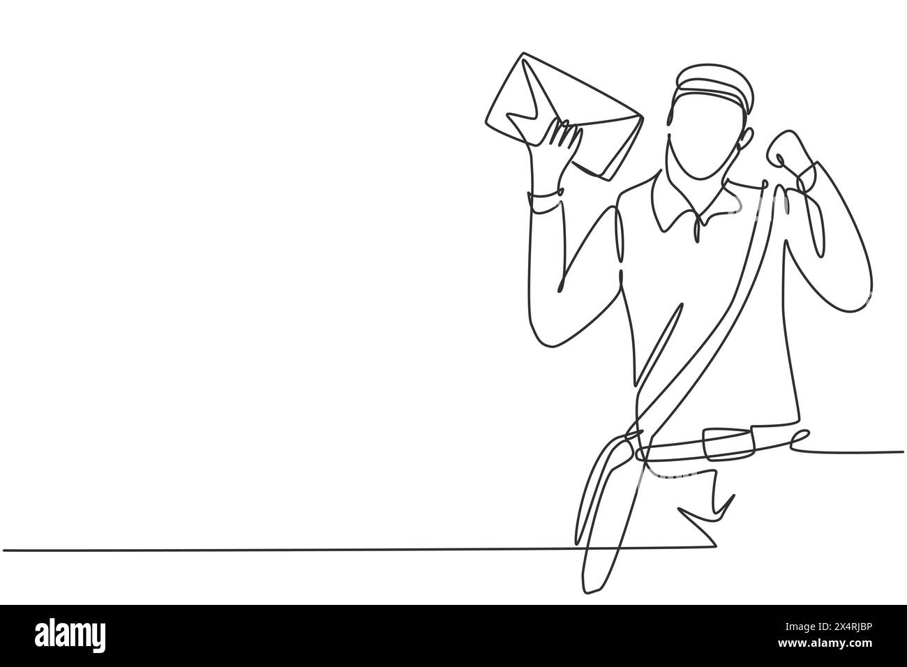 Single continuous line drawing postman with celebrate gesture, wearing ...