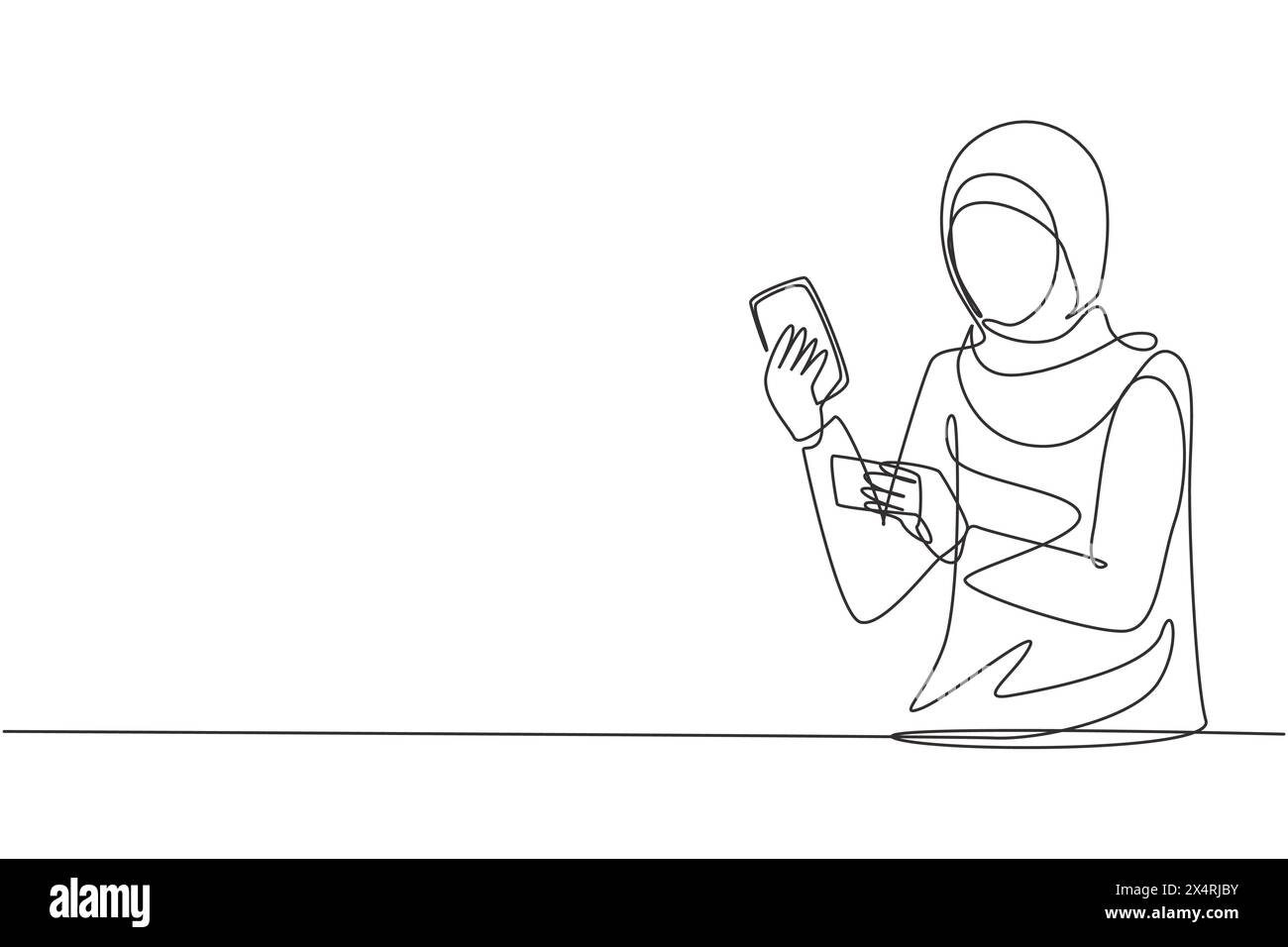 Continuous one line drawing young Arabian woman typing entering credit ...