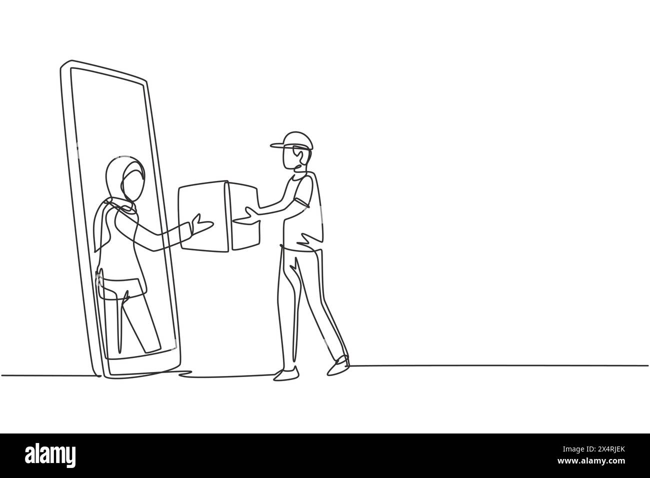 Single continuous line drawing Arabian female customer receives boxed ...