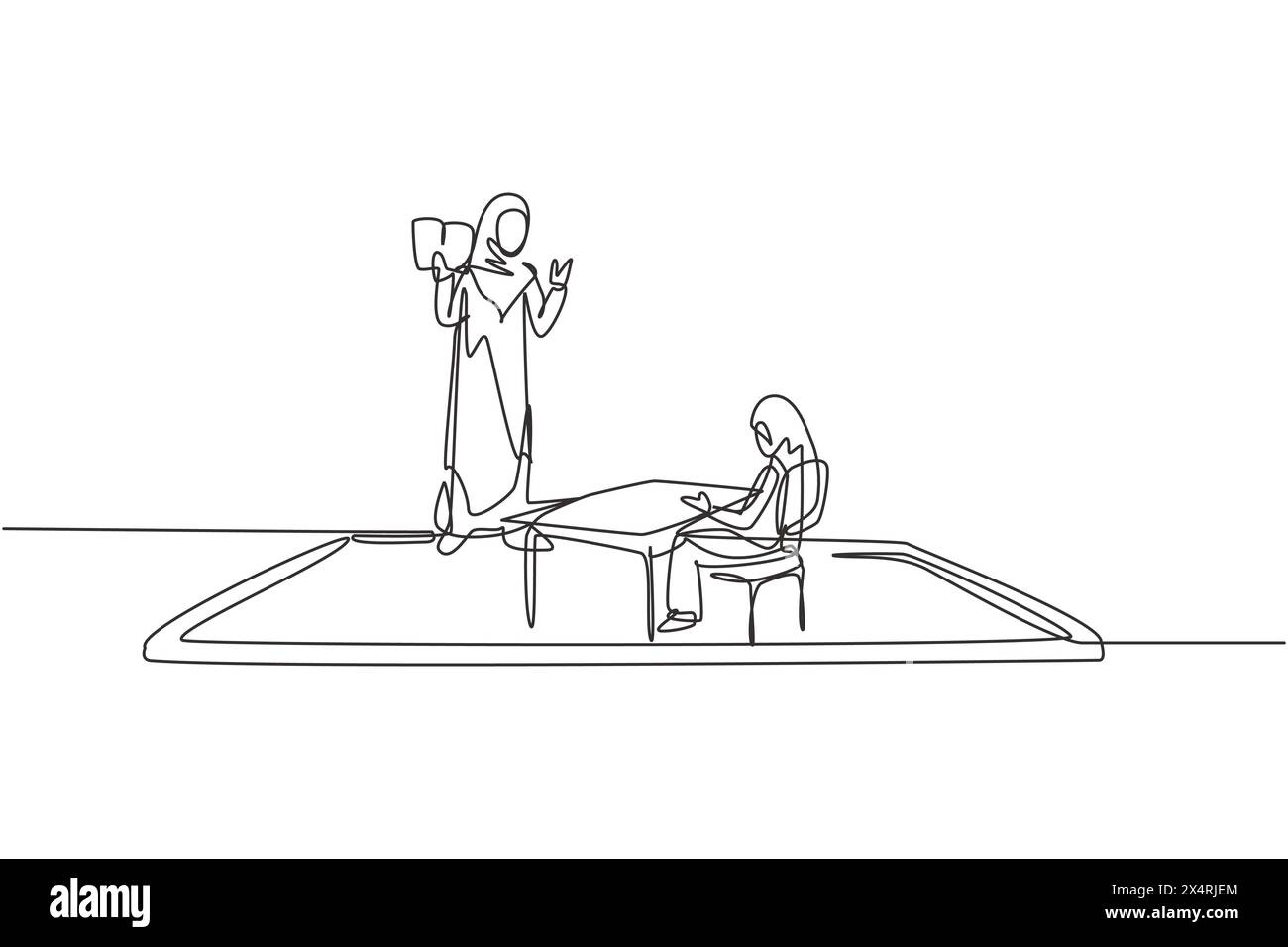 Single continuous line drawing hijab female teacher teaching female ...