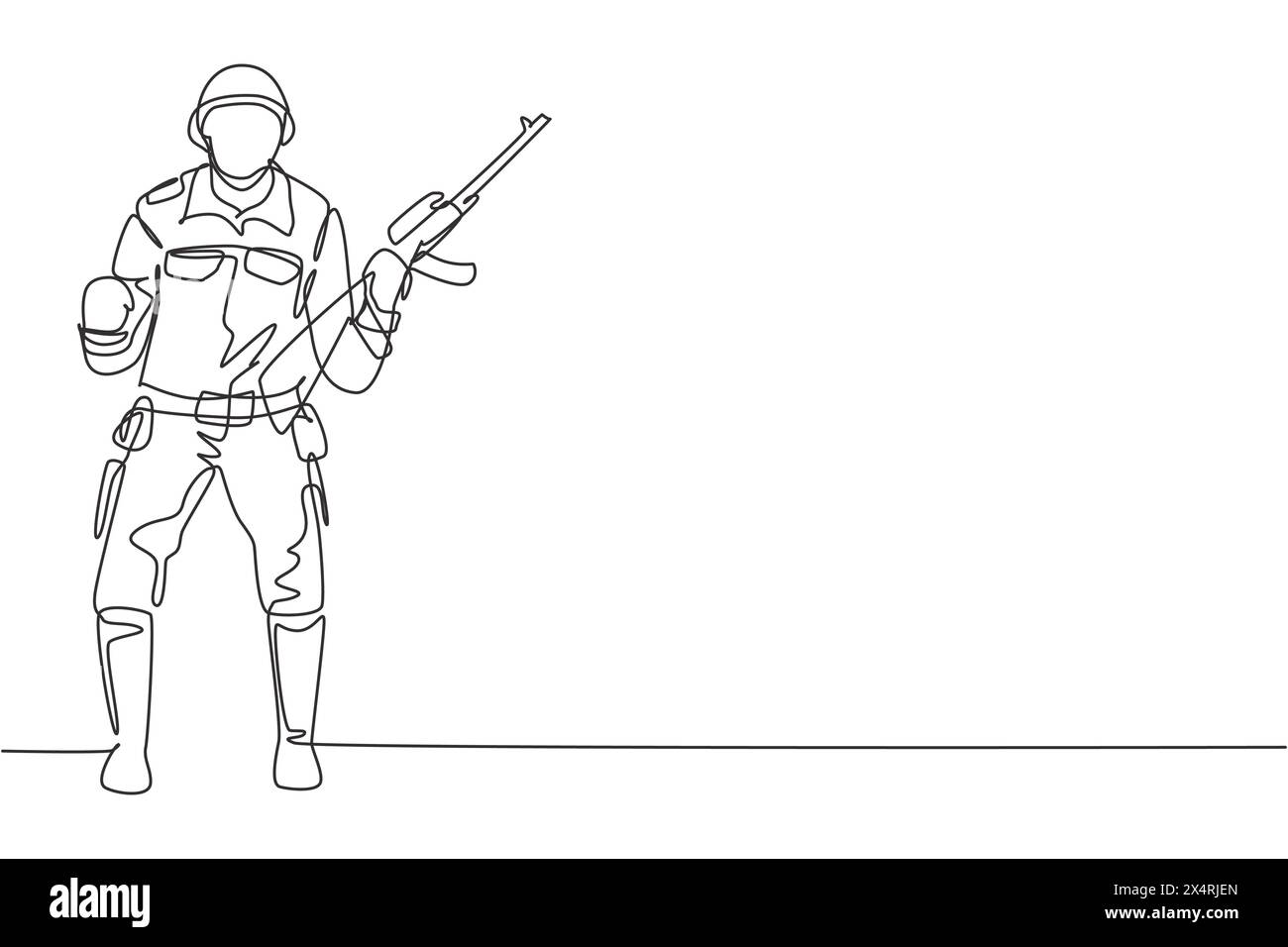 Continuous one line drawing soldier stands with weapon, full uniform ...