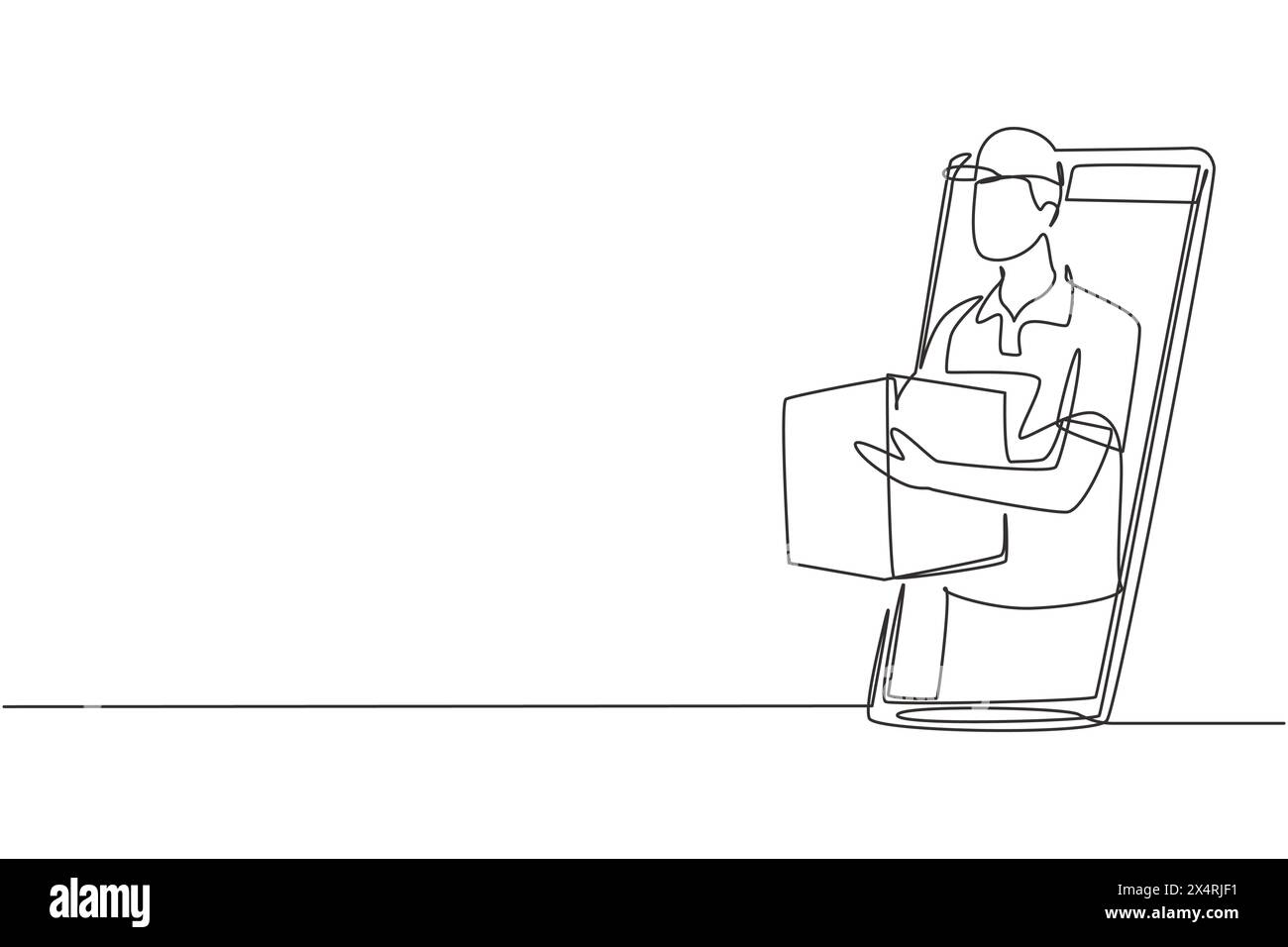 Continuous one line drawing male courier delivers box package, through ...